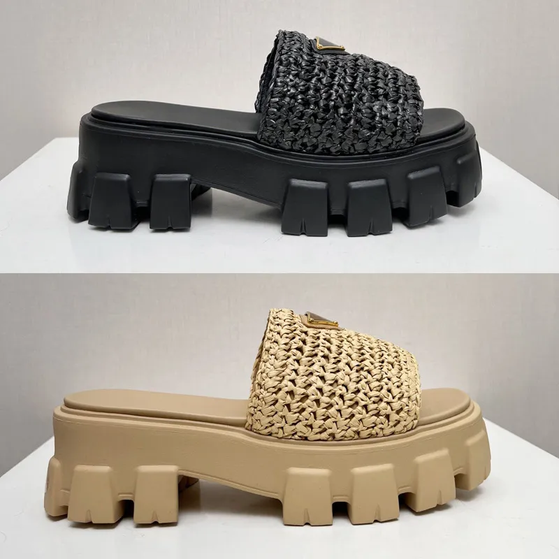 Womens Crochet Flatform Slides With Monolith Sole, Straw Platform, And ...