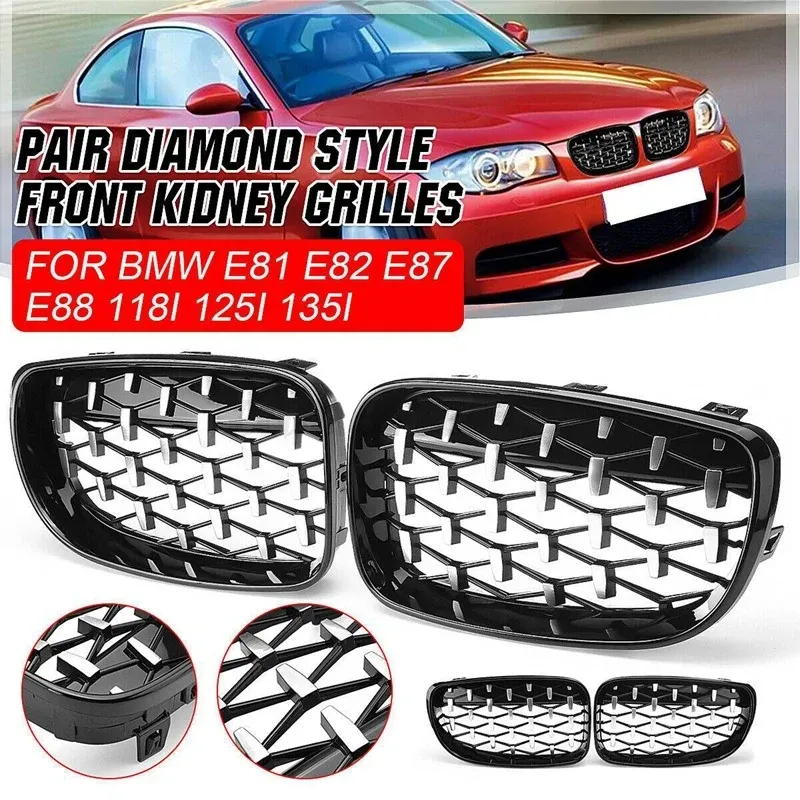 Car Diamond Grill Front Kidney Bumper Grilles Racing Grill Silver Grille For BMW E81 E82 E87 E88 ...