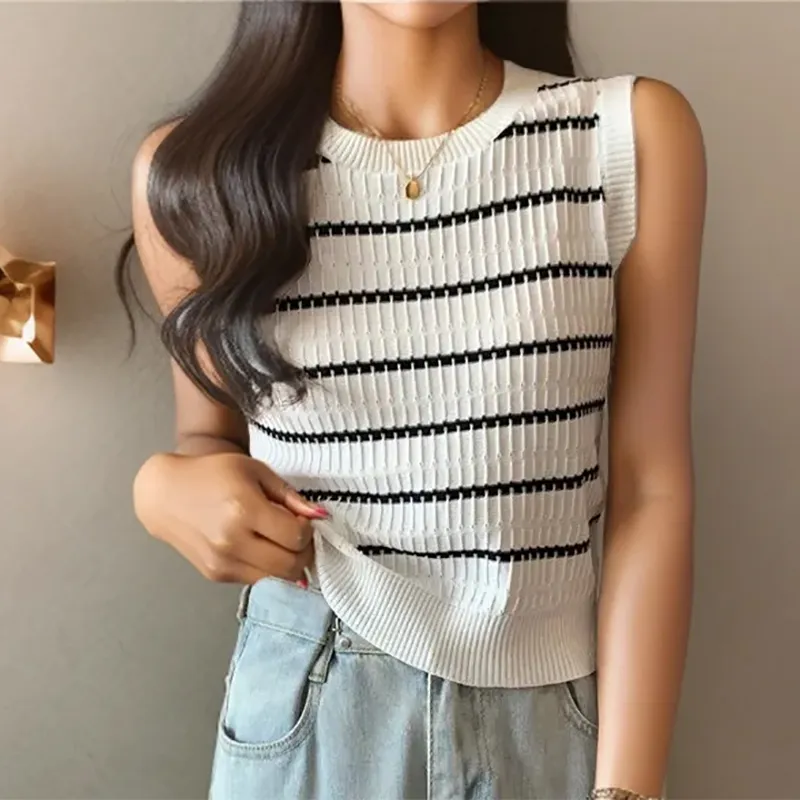 HELIAR Women Slim Fit Knitted Patchwork Stripes Tank Tops Sleeveless ...