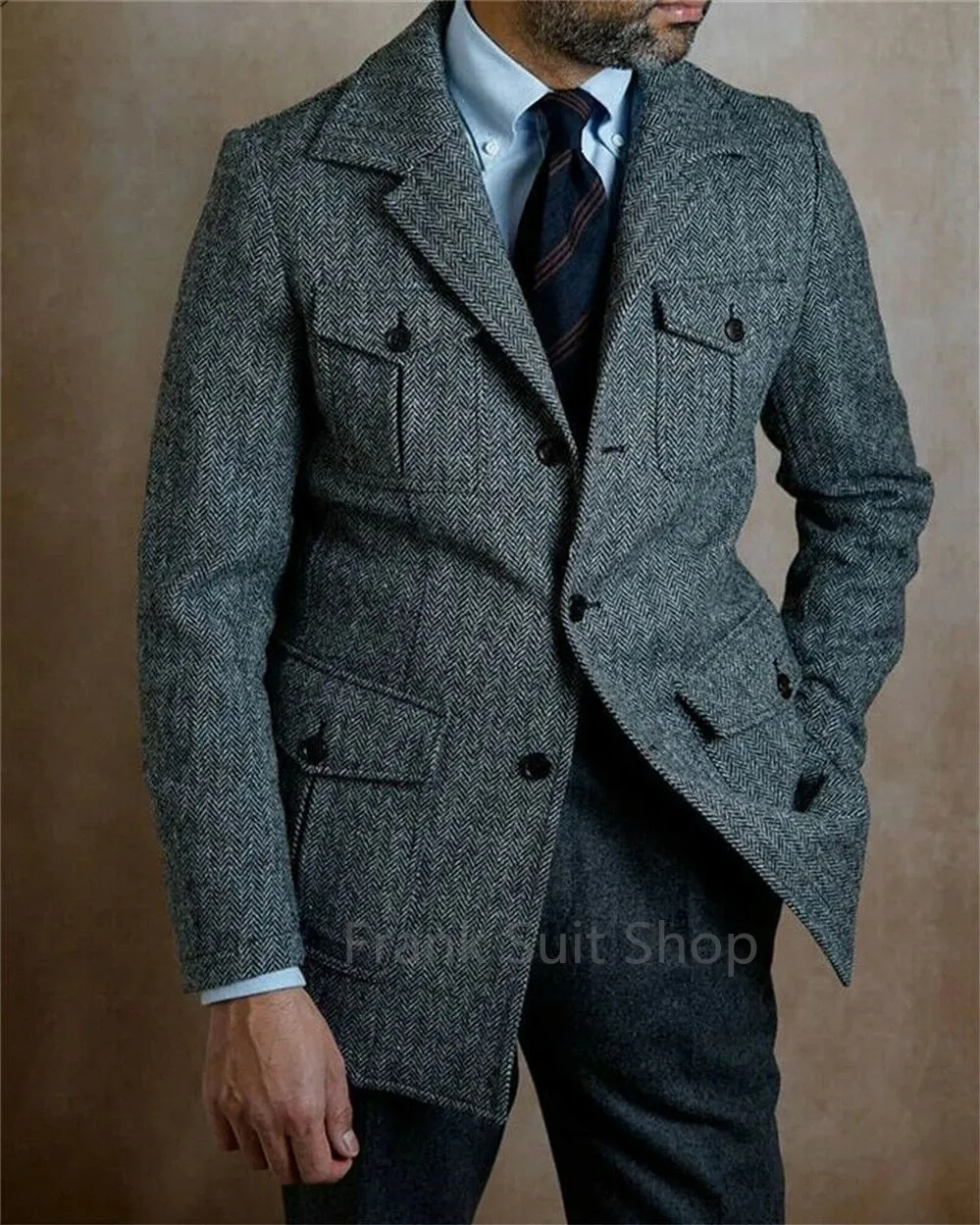 Vintage England Style Men's Slim Fit Tweed Herringbone Blazer Notch ...