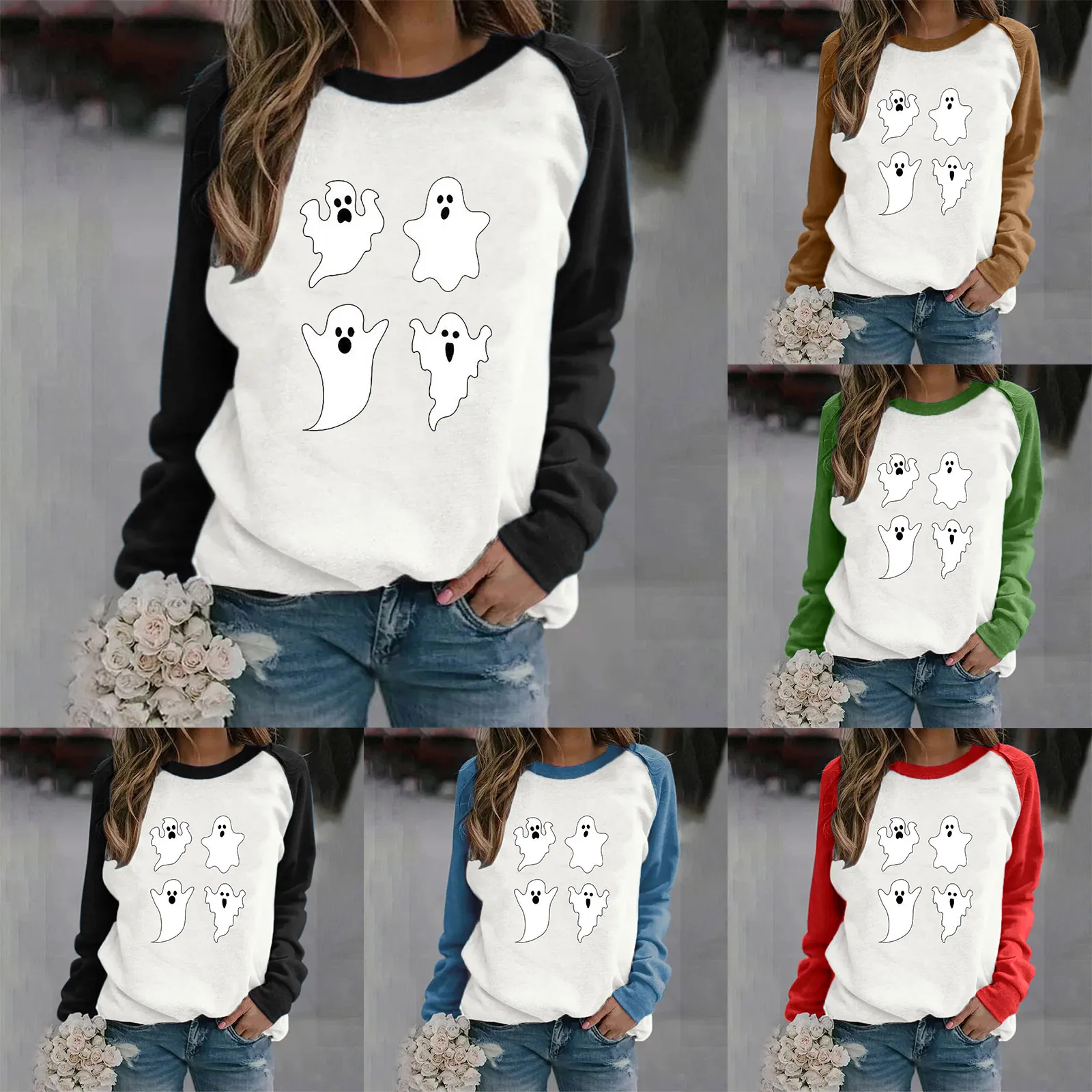 Halloween Printed Colorblock Round Neck Long Sleeve Top from Dhgate ...