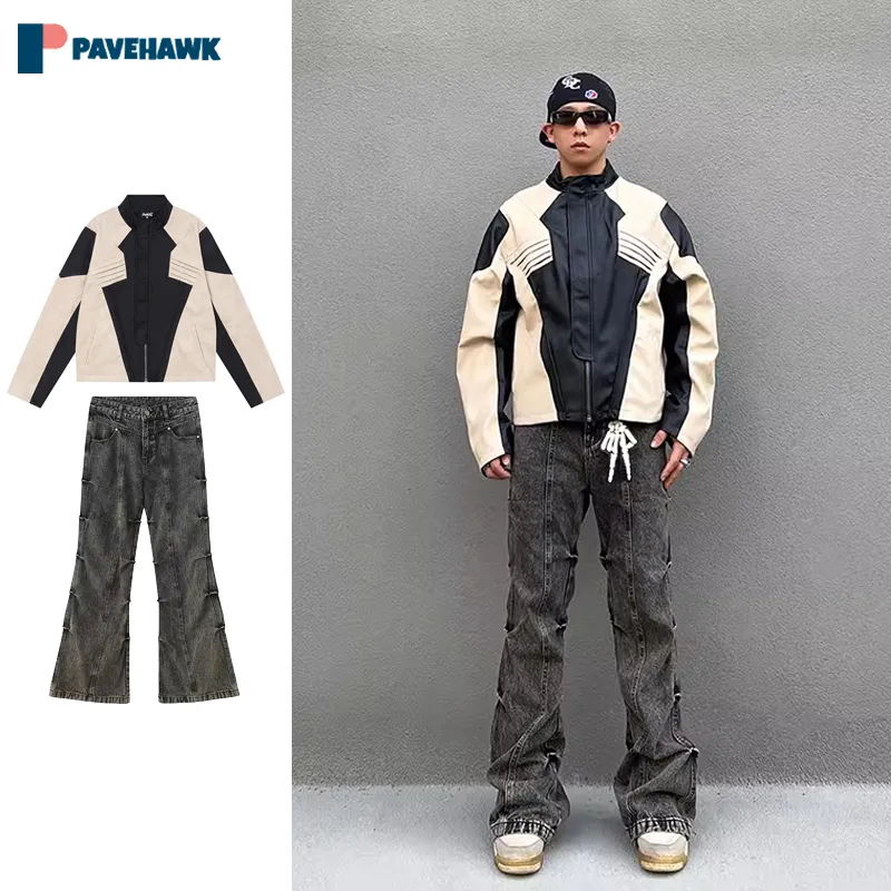 Mens Hip Hop Set Patchwork Motorcycle Leather Jacket and Fold Micro ...