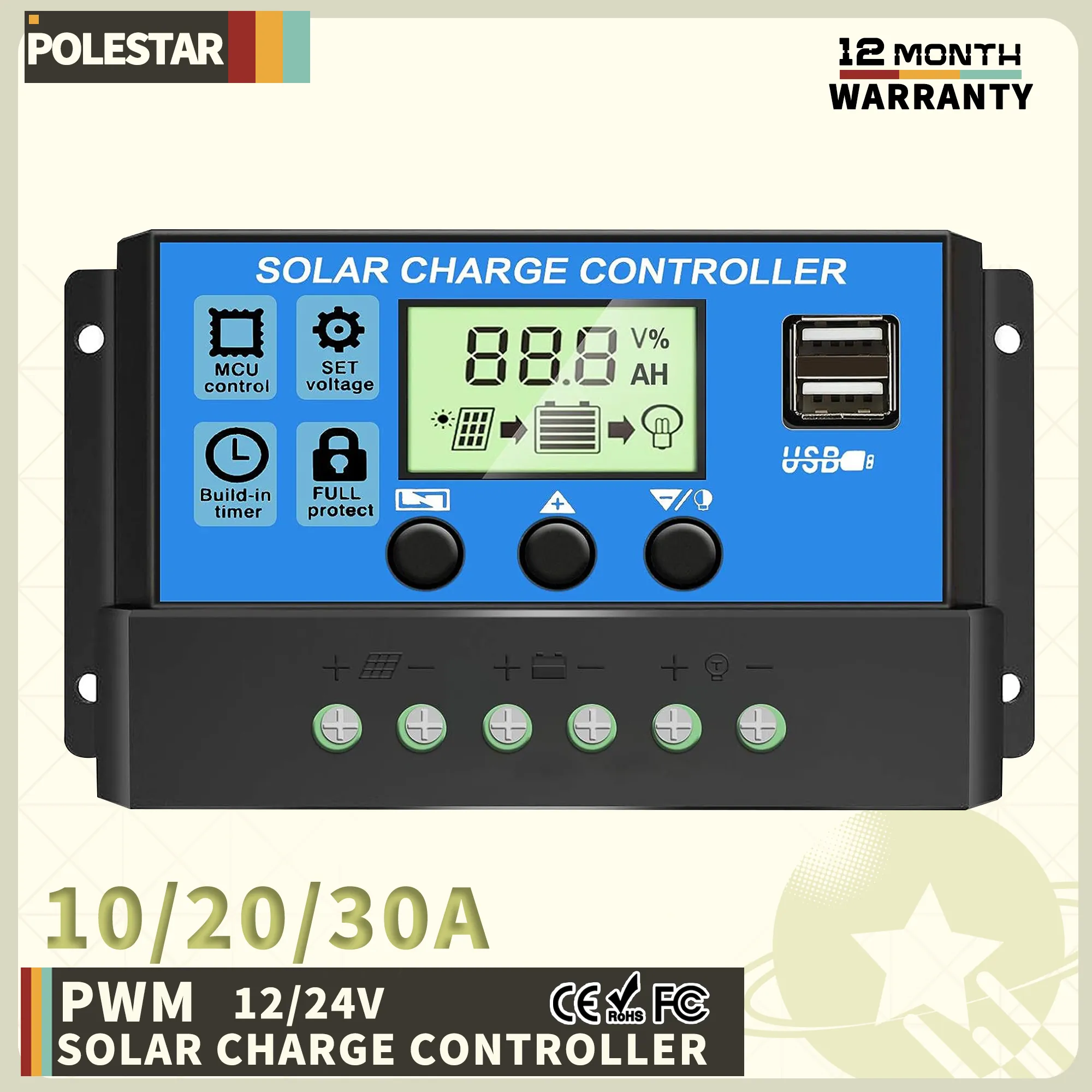 Advanced Polestar PWM Solar Charge Controller - LCD Display, Adjustable ...