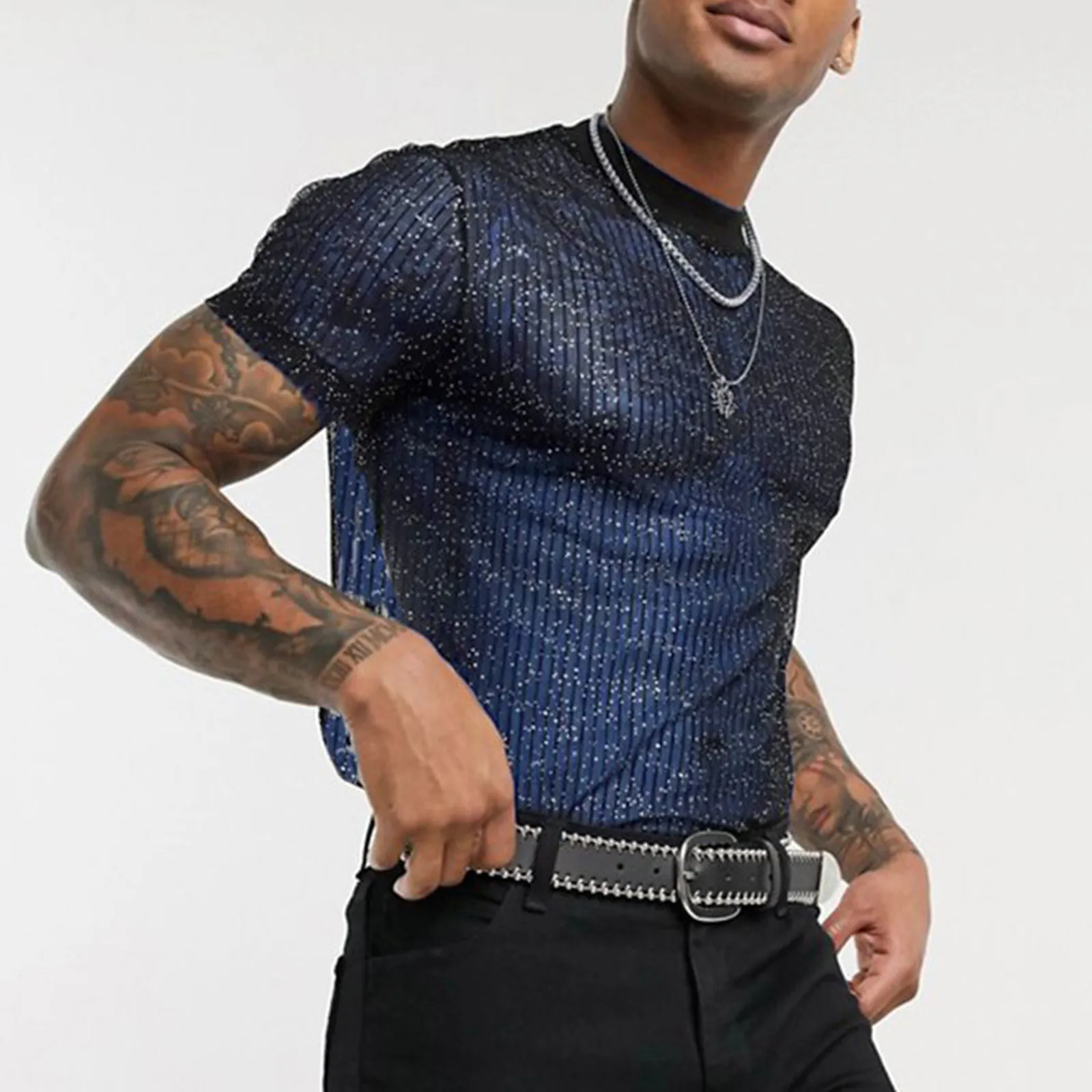 Men's Translucent Shiny Solid Color Striped Crewneck Short-Sleeve T ...