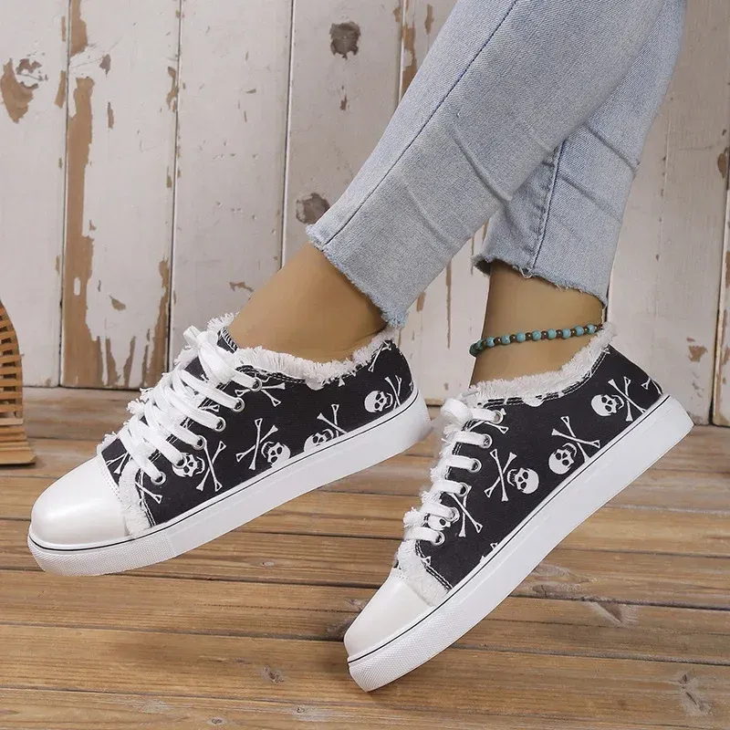 Women's Floral Skull Canvas Sneakers - Large Size Flat Lace-Up Casual ...