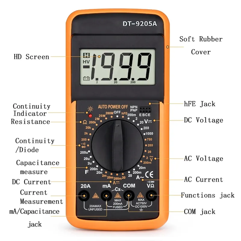 Professional Multimeter Digital DT9205A Manual Tester HFE Capacitance ...