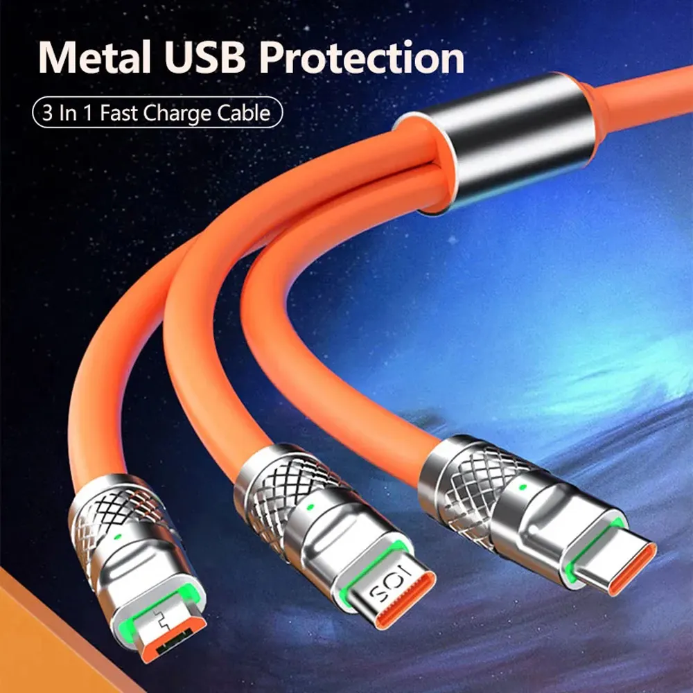 3-in-1 Fast Charging Cable: Type-C, Lightning, Micro USB - 120W, 6A, PD ...