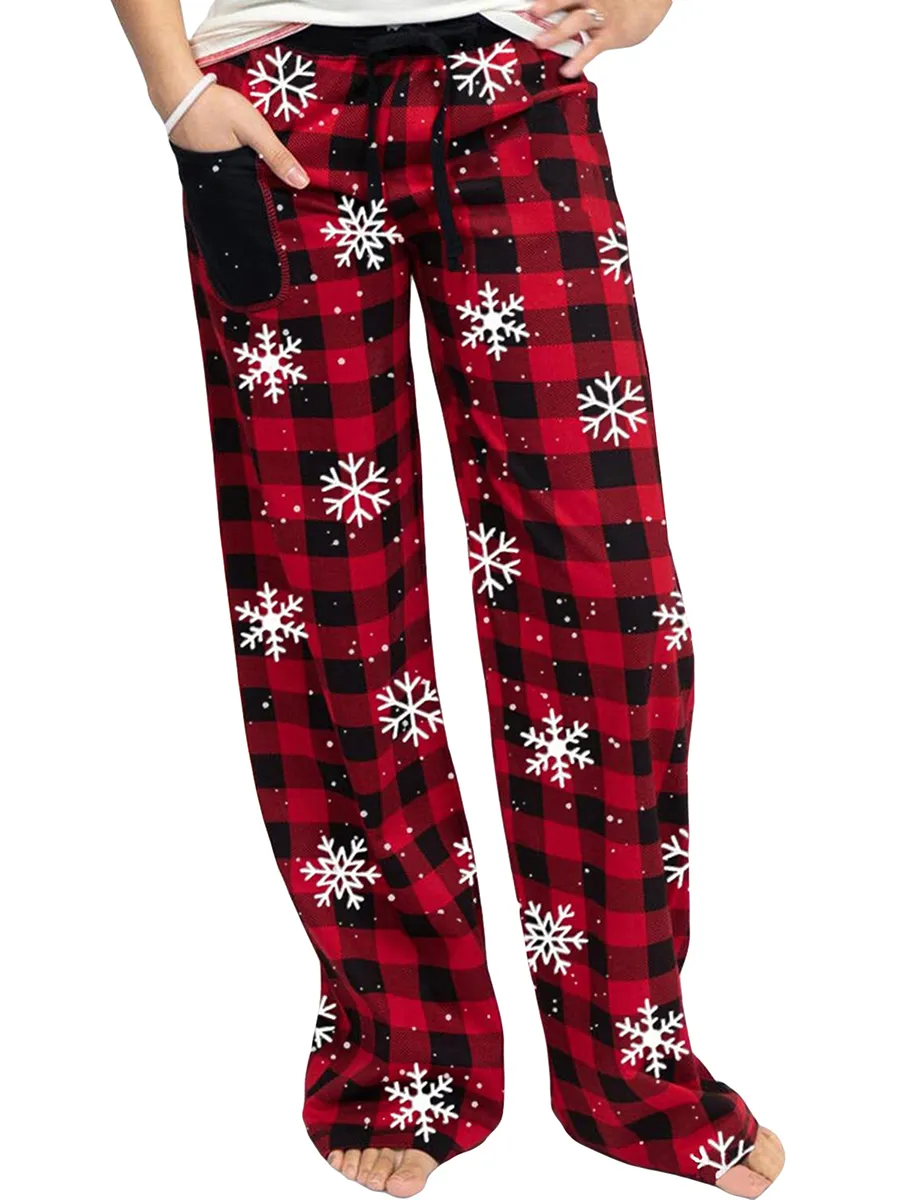 Women's Cozy Fleece Plaid Snowflake Pajama Pants with Drawstring and ...