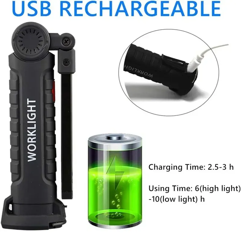 Magnetic Rechargeable LED Work Light with Hanging Hook and 5 Modes USB ...
