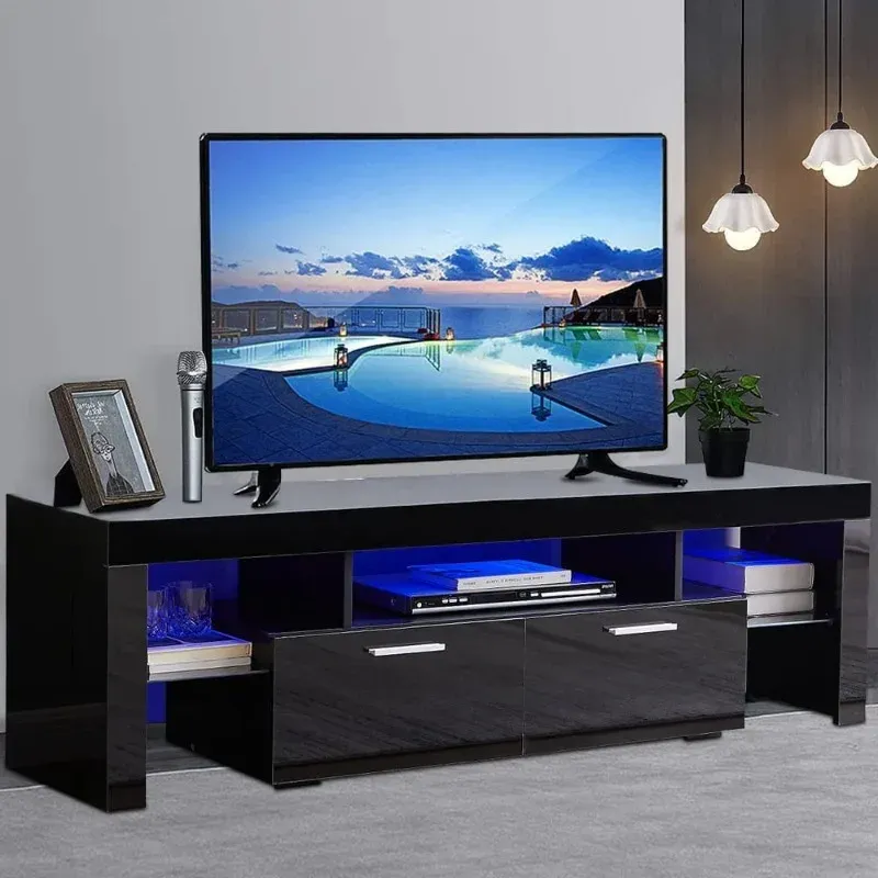Modern Black TV Stand 70 Inch With LED Lights, Contemporary ...