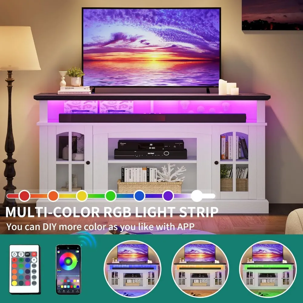 Farmhouse TV Stand Media Entertainment Center Console Table with Glass ...