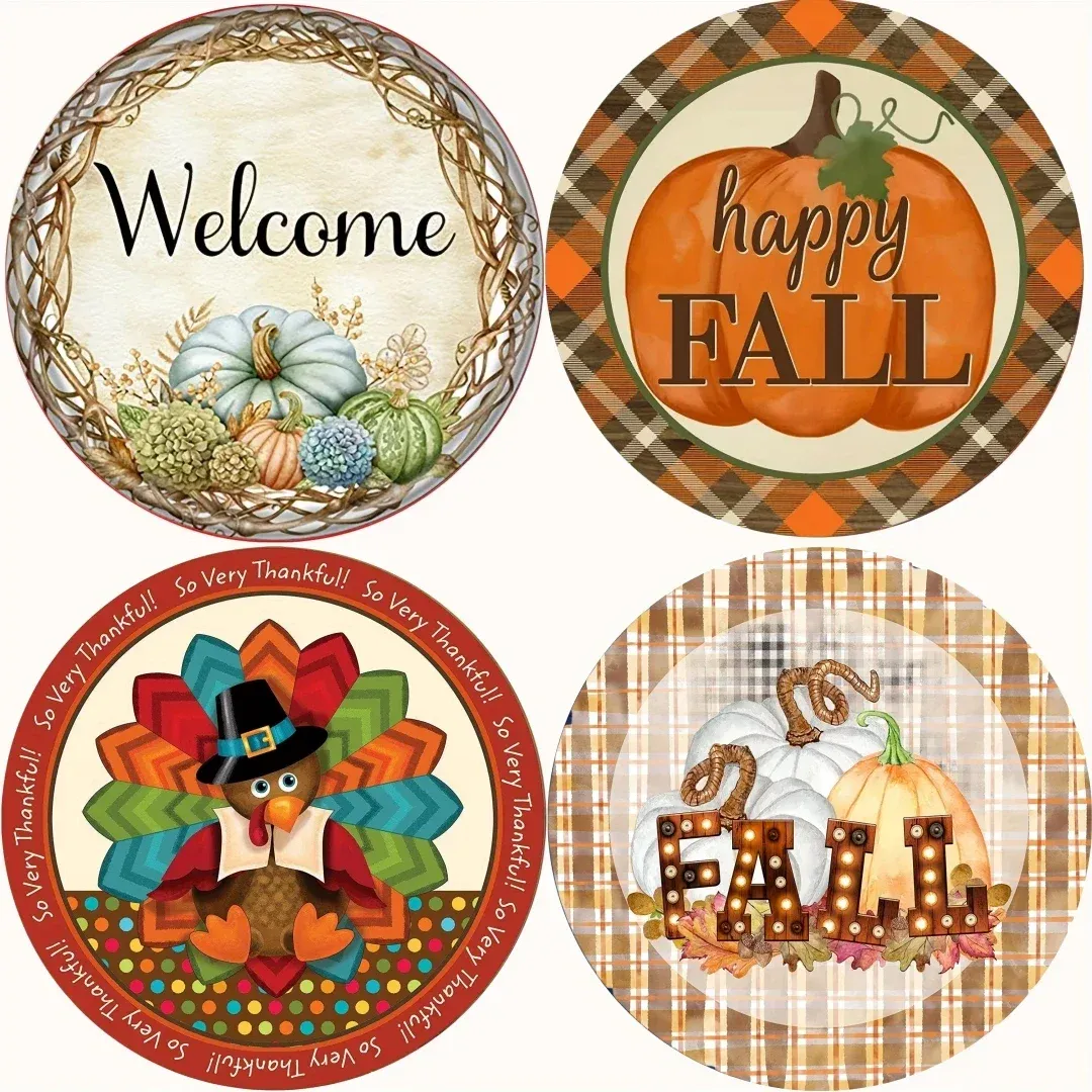 Round Metal Tin Sign Rustic Pumpkin Wreath Wall Plaque for Home Garden ...