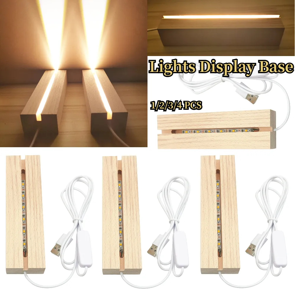 LED Lights Wood Display Base Wooden Rectangle Shape Crystal USB Lighted ...