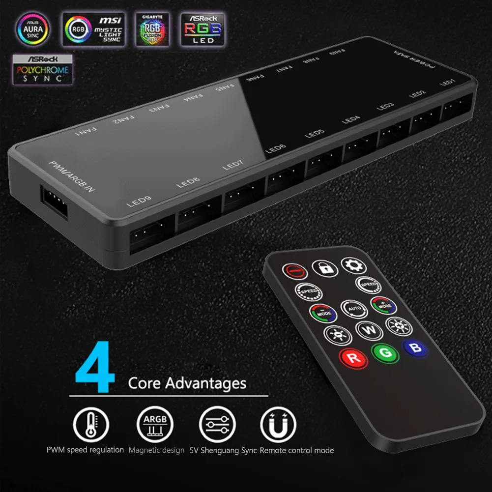 PC Fan Controller Hub: 1 To 9 ARGB Hub With 4 Pin PWM And 5V 3 Pin ARGB ...