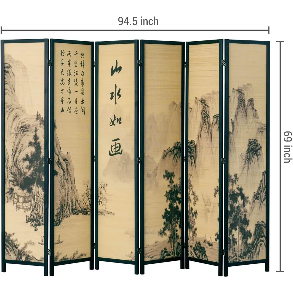 Bamboo Room Divider Folding Privacy Screen, 6-Panel Chinese Calligraphy ...