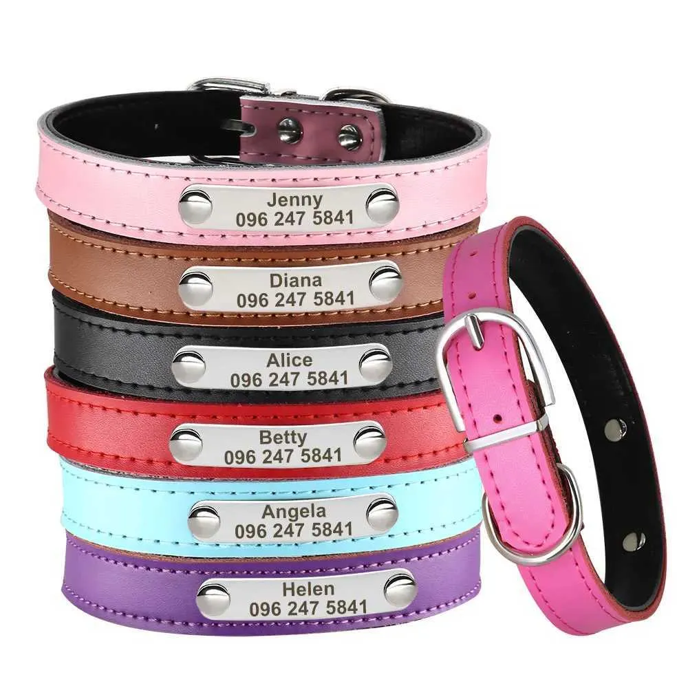 Personalized Engraved Leather Dog & Cat Collar - Adjustable Pet ID Name ...