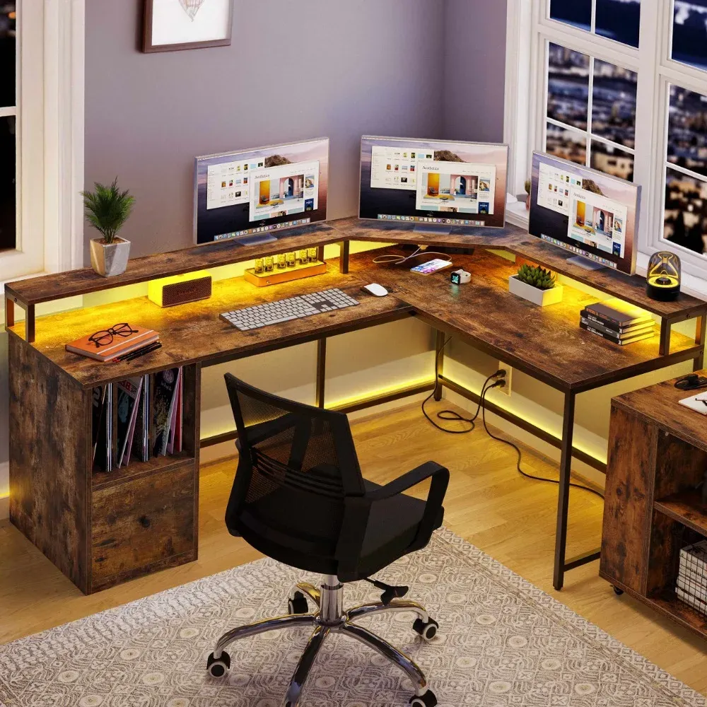 Office Desk With Monitor Stand, Computer Desk With Drawer & 3 Storage ...