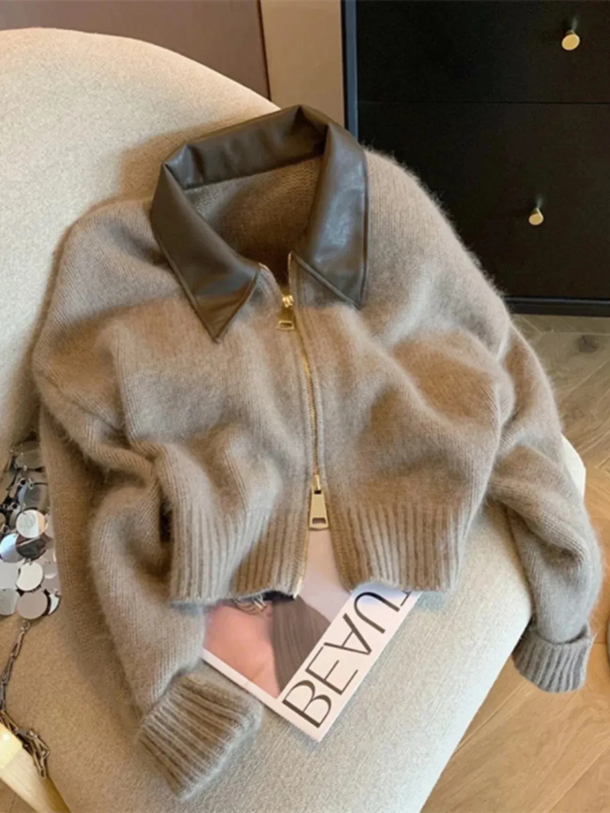Vintage Spliced Leather Collar Knit Cardigan - Women's Long Sleeve ...