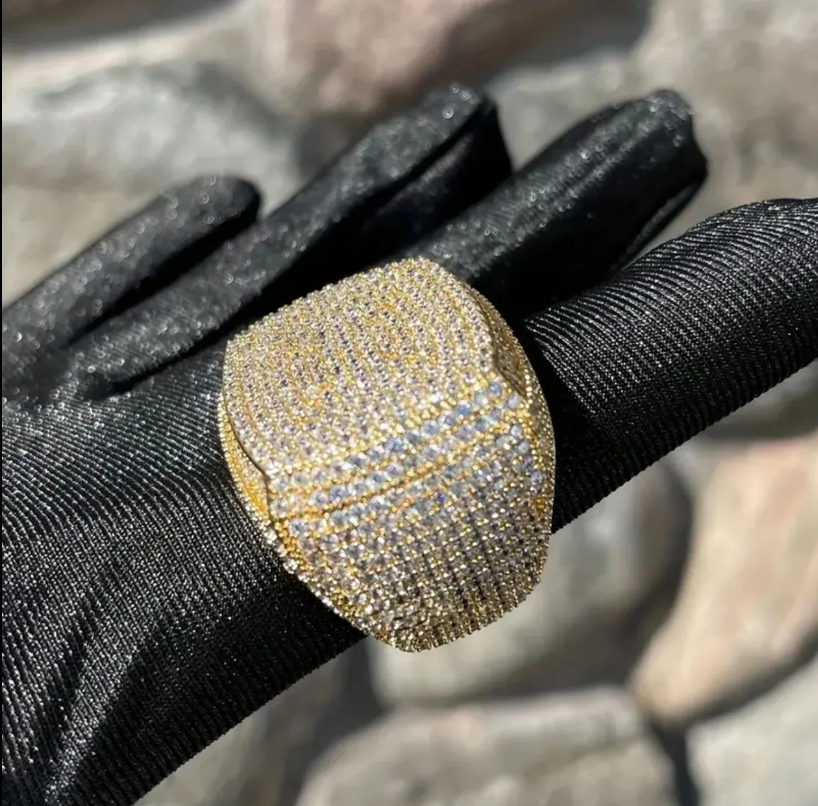 Big Mens Hip Hop Ring Gold Plated Full Diamond Square Rapper Ring ...