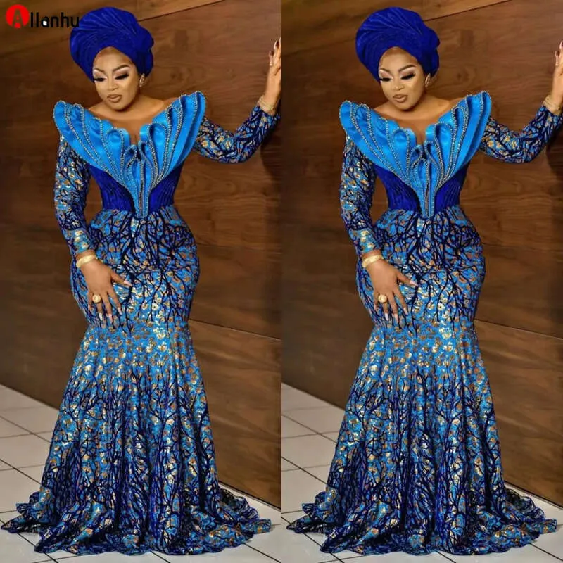 Stylish Plus Size Mermaid Lace Prom Blue Sequin Dress With Sheer ...