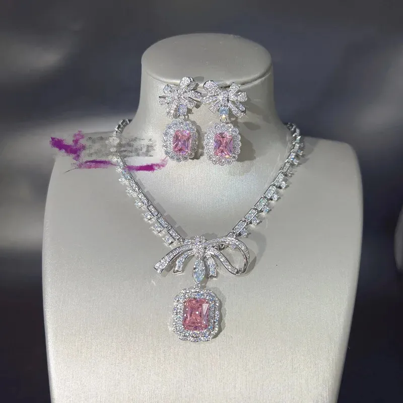 Bow Lab Pink Diamond Jewelry Set 14K White Gold Engagement Wedding Earrings Necklace Female ...
