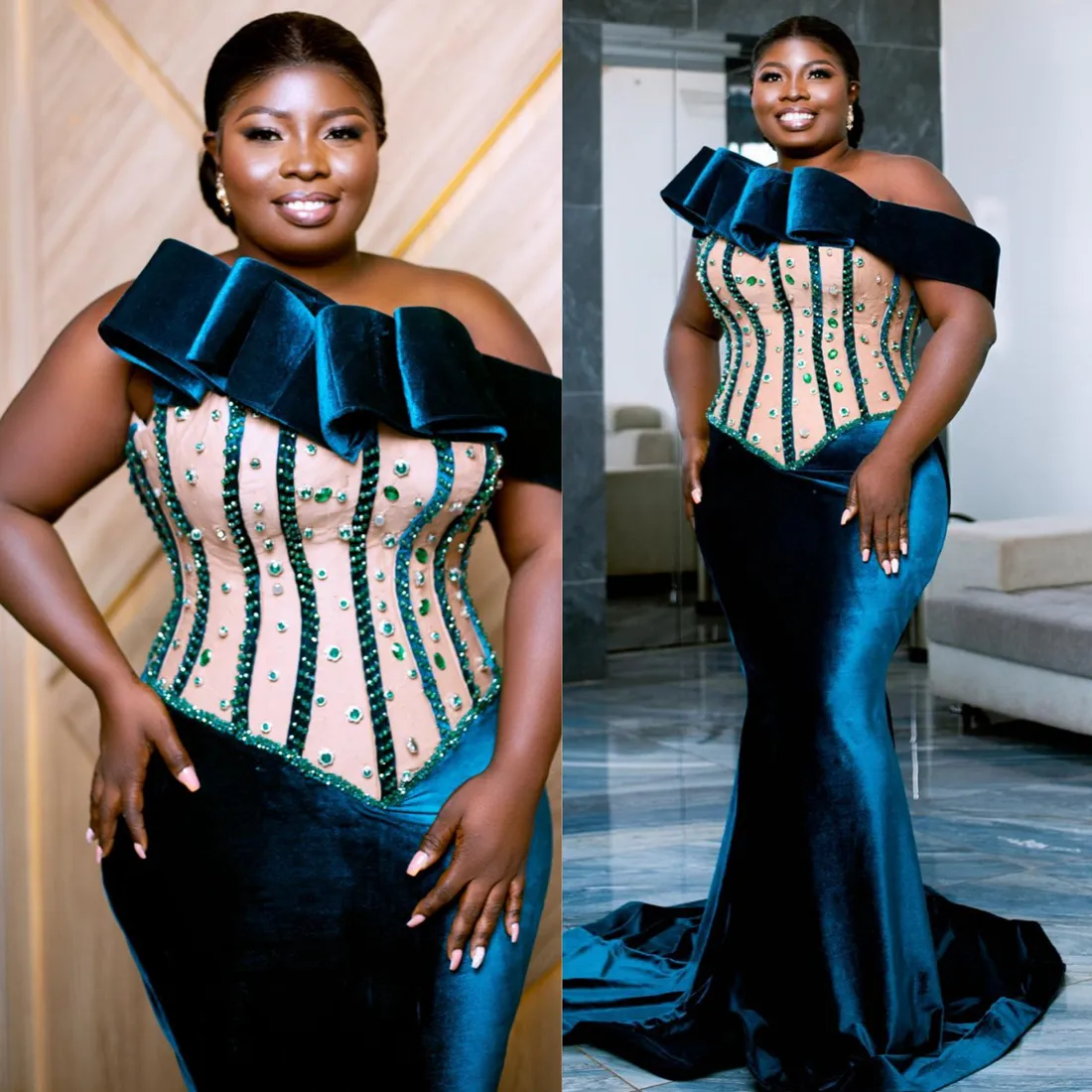 Prom Dresses Plus Size Hunter Green Velvet Gown, Black Plus Size Ball ...