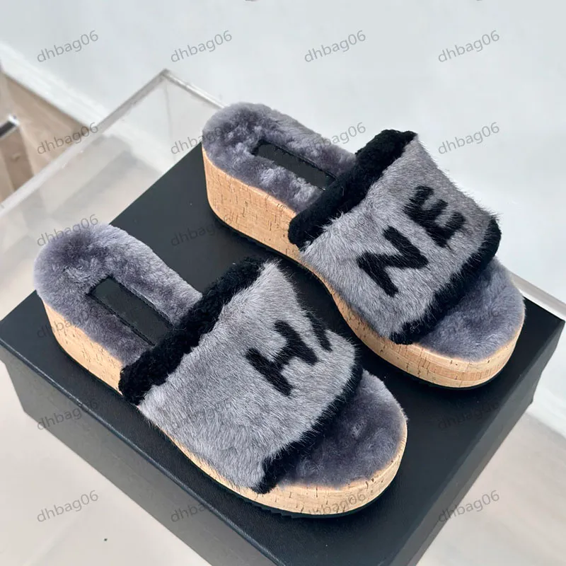 Women's Wool Platform Wedge Slippers - High Heel, Non-Slip, Fluffy ...