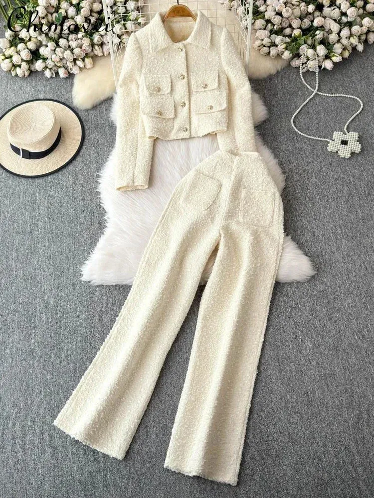 French Elegant Tweed Two Piece Suit Set – Women's Cream Single Breasted ...