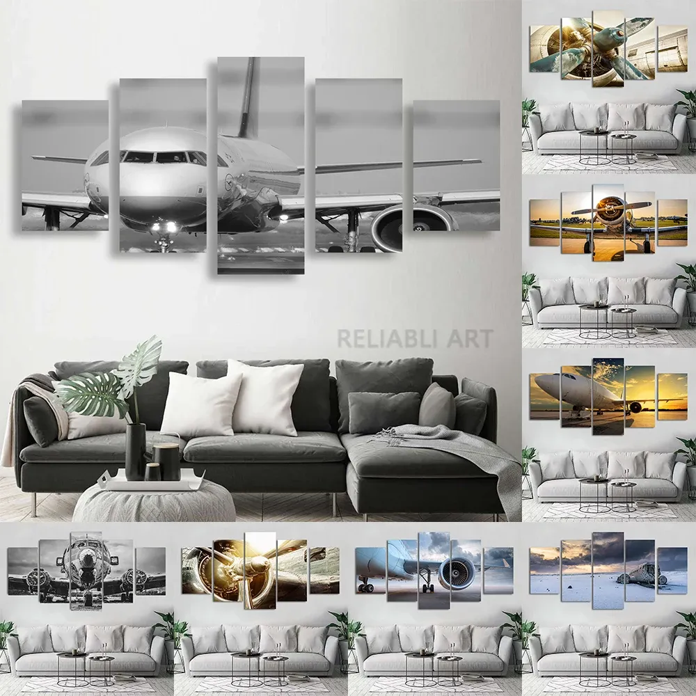 Jet Airplane Canvas Wall Art 5 Panels For Travel And Living Room Decor ...