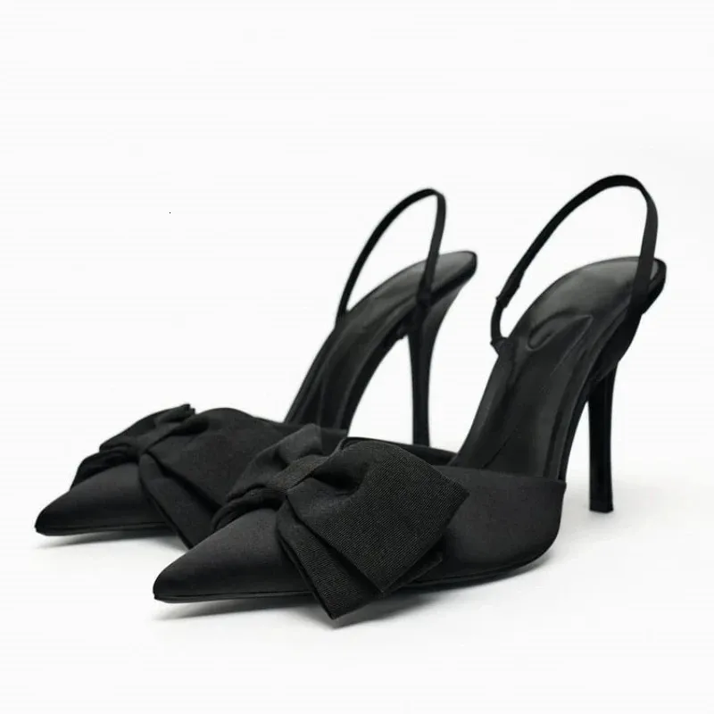 Womens Black Bow Slingback Stiletto High Heels with 3-5 cm Spool Heel ...