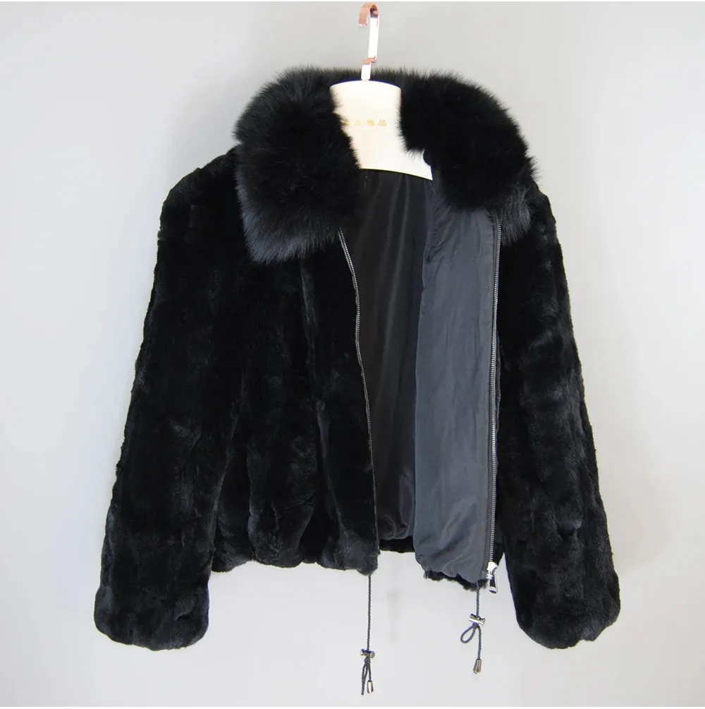 Women's Real Rex Rabbit Fur Short Coat with Big Collar - Winter Warm ...