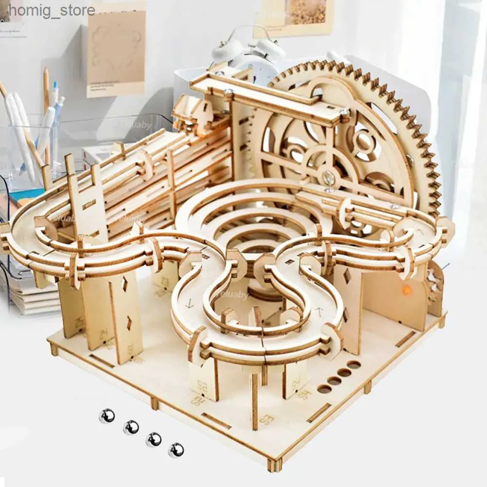 3D Wooden Puzzle DIY Mechanical Model Building Kit Marble Run Set with ...