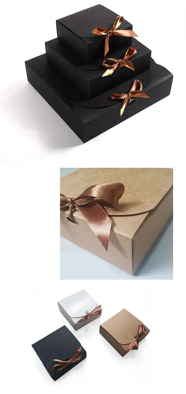 Square Kraft Paper Clam Shell Gift Box with Ribbon, White and Black ...
