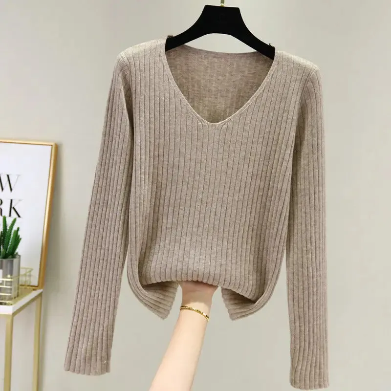 Womens V-Neck Long Sleeve Knitted Sweater - Solid, Slim Fit, Casual ...