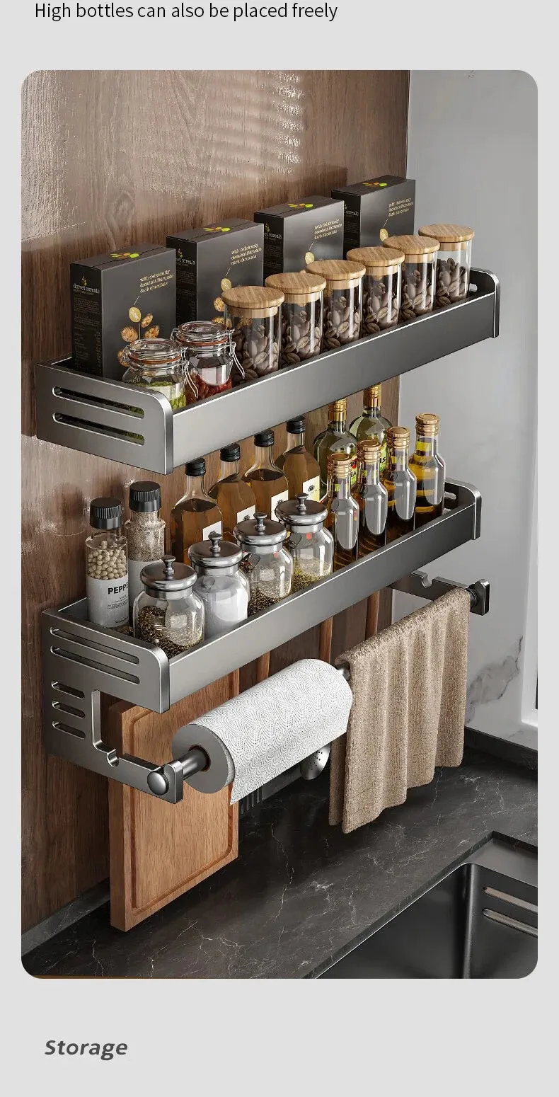 Kitchen Organizer Shelf Wall-Mounted Spice Storage Rack with Knife ...