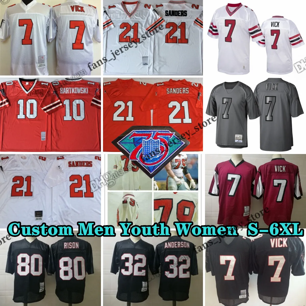 Custom 75th Vintage 7 Michael Vick Football Jerseys 21 Deion Sanders 51 ...