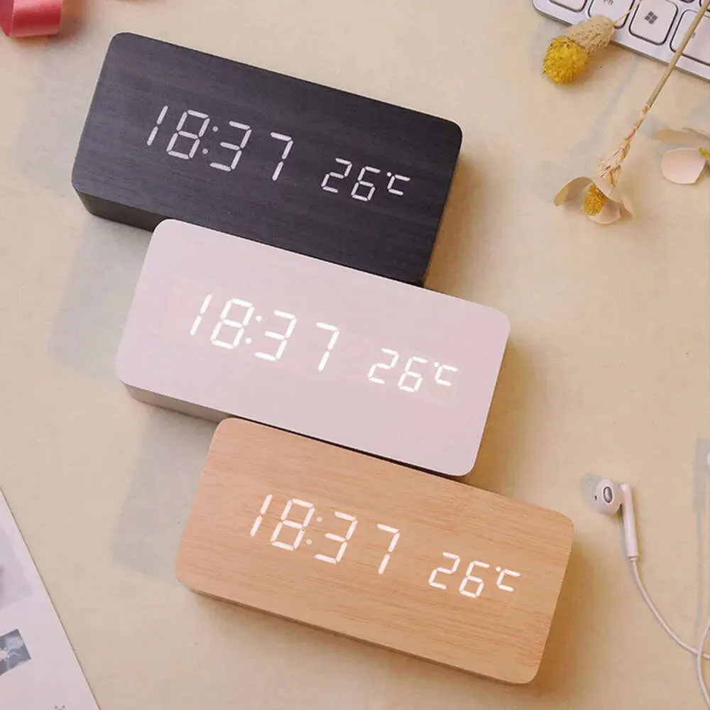 Digital Desk Clocks: Modern Wooden LED Alarm Clock With Voice Control ...