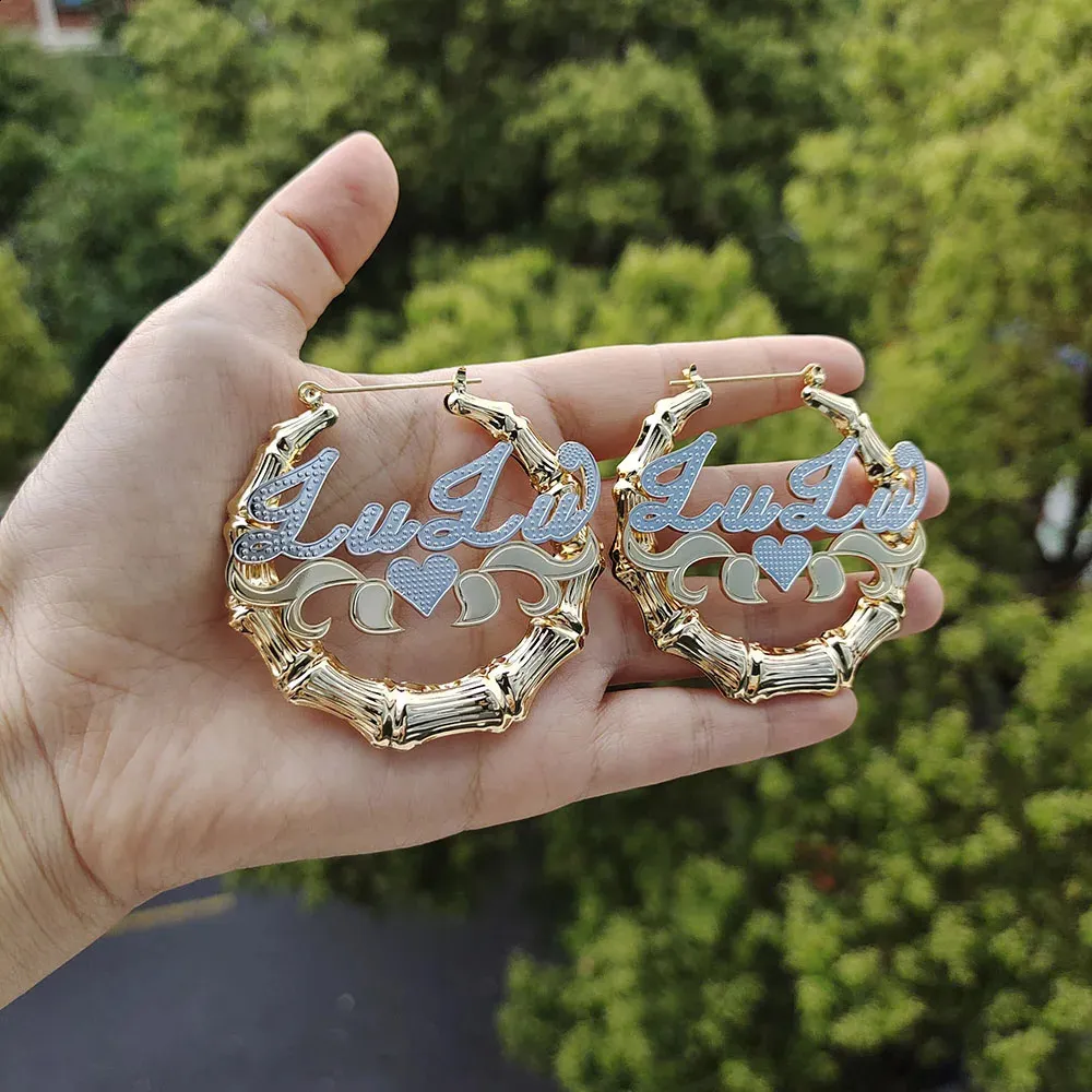 Custom Name Hoop Earrings: Personalized Stainless Steel & Bamboo Style ...