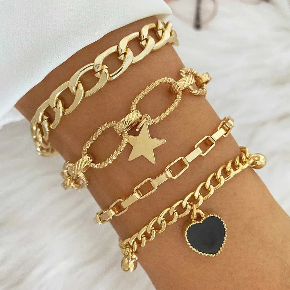 IPARAM Punk Golden Metal Thick Chain Bracelets For Women Men Pentagram ...