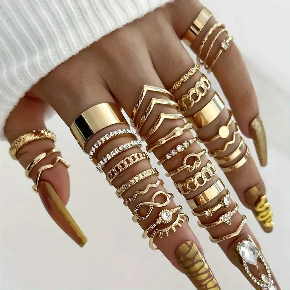 Elegant Gold Ring Set - Boho Style Rings with Rhinestone Accents, Shop ...
