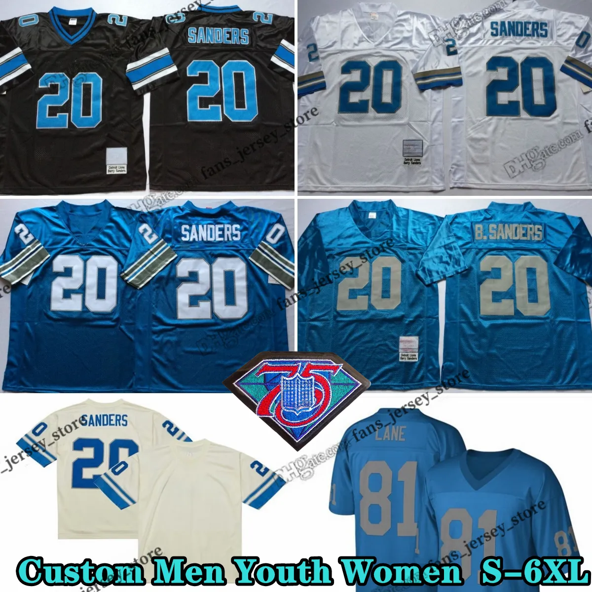 Custom 75. Throwback 20 Barry Sanders Fußballtrikot 81 Richard Lane ...