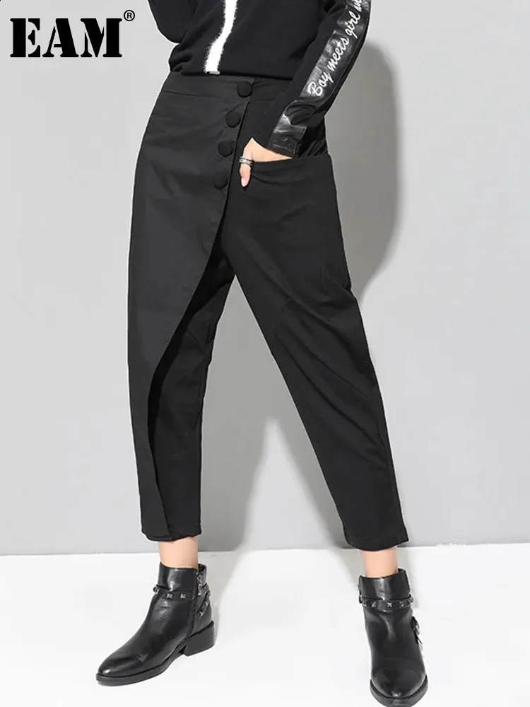 Eam High Elastic Waist Black Asymmetric Casual Loose Fit Trousers Women ...