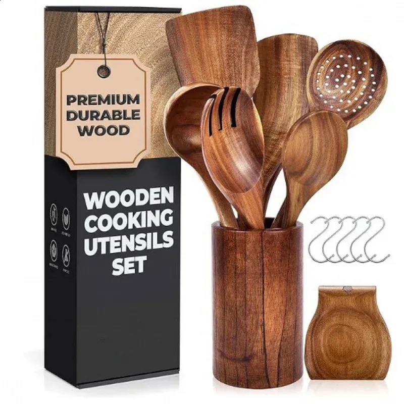 Wooden Kitchen Utensil Set With Cooking Spatula And Spoon For Mixing ...