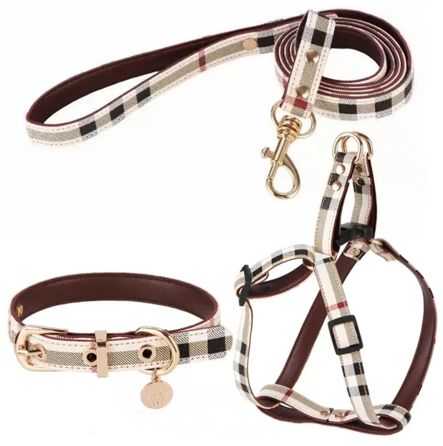 Premium Printed Leather Dog Collar, Harness & Leash Set | Adjustable ...