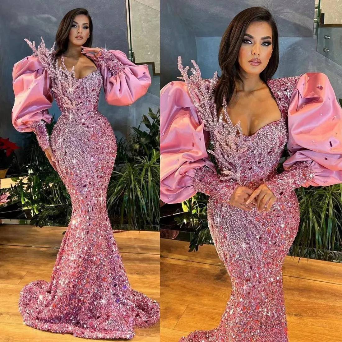 AM733 Luxury Pink Velvet Lace Prom Dresses For Black Women Long Sleeve ...