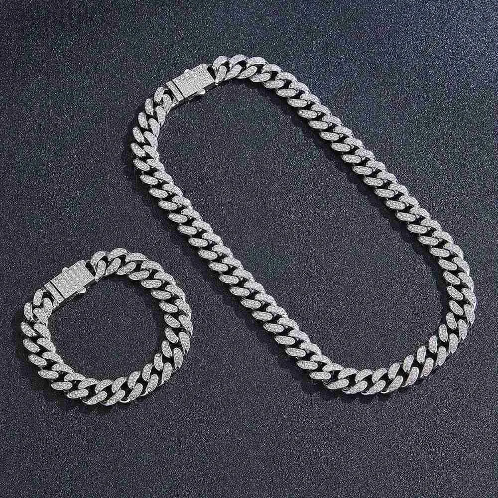 Chain Ice Crystal Full Diamond Cuban Chain Set 12mm Wide Spring Buckle ...