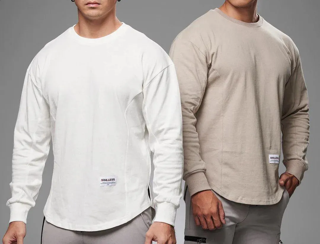 Men's Long Sleeved Pure Cotton T-Shirt with Curved Hem, Autumn Sports ...