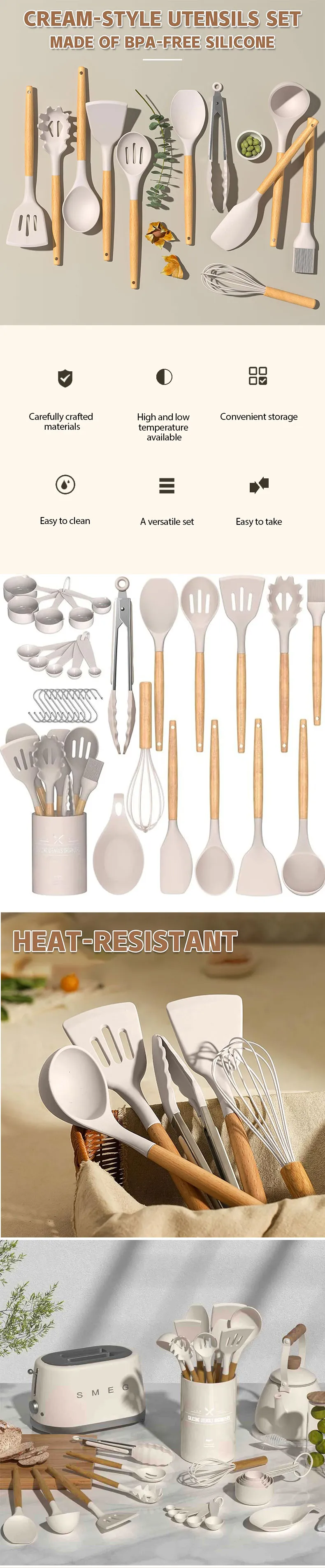 Kitchen utensils set wooden and silicone cooking tools heat-resistant ...
