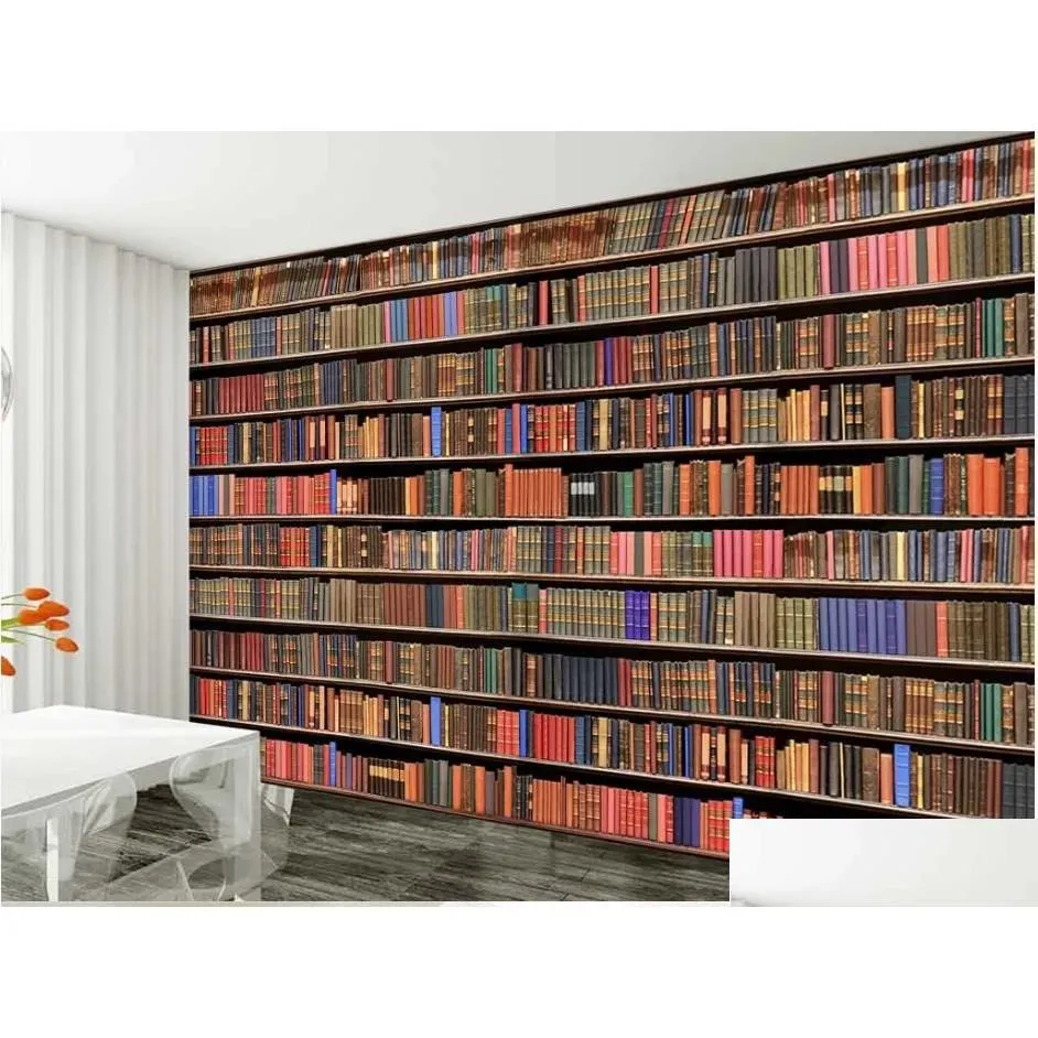 Modern 3D Bookshelf Bookshelf Wallpaper For Living Room And Garden Drop ...