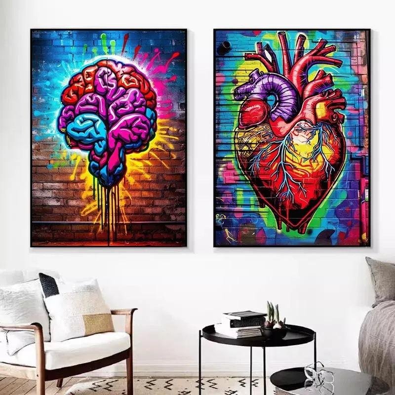 Modern Human Heart And Brain Anatomical Graffiti Heart Wall Art Print ...